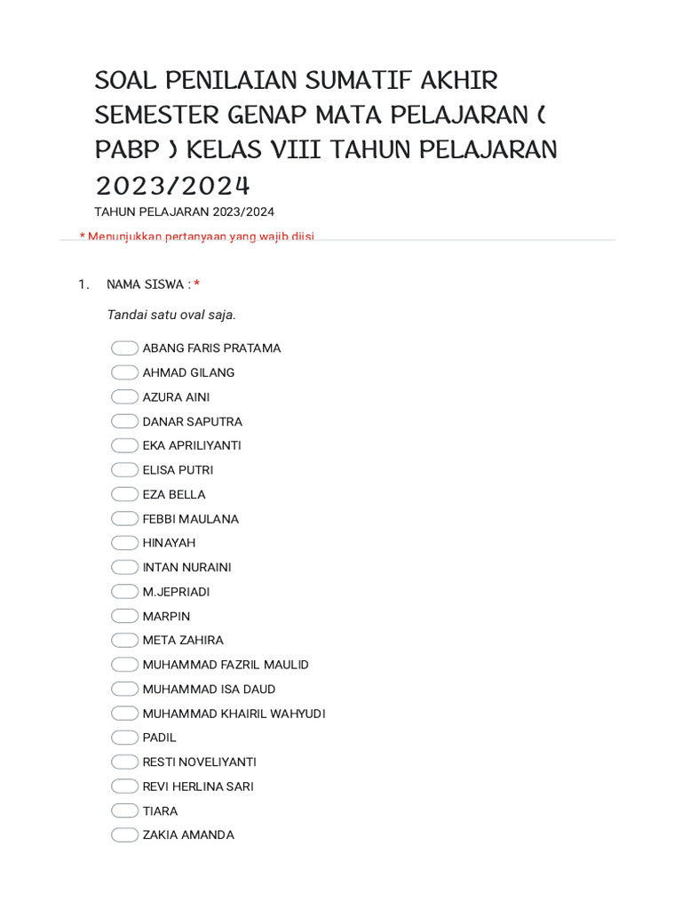 SOAL PENILAIAN SUMATIF AKHIR SEMESTER GENAP MATA PELAJARAN ( PABP ) KELAS VIII TAHUN PELAJARAN ...
