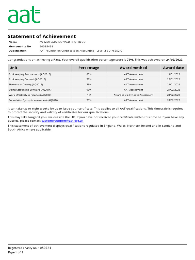 AAT Level 2 Achievement Statement | PDF