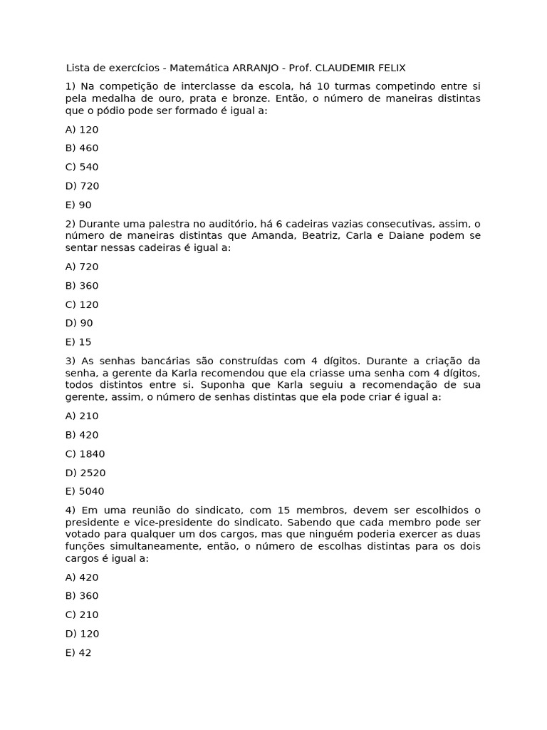Exercícios de Arranjo em Matemática | PDF