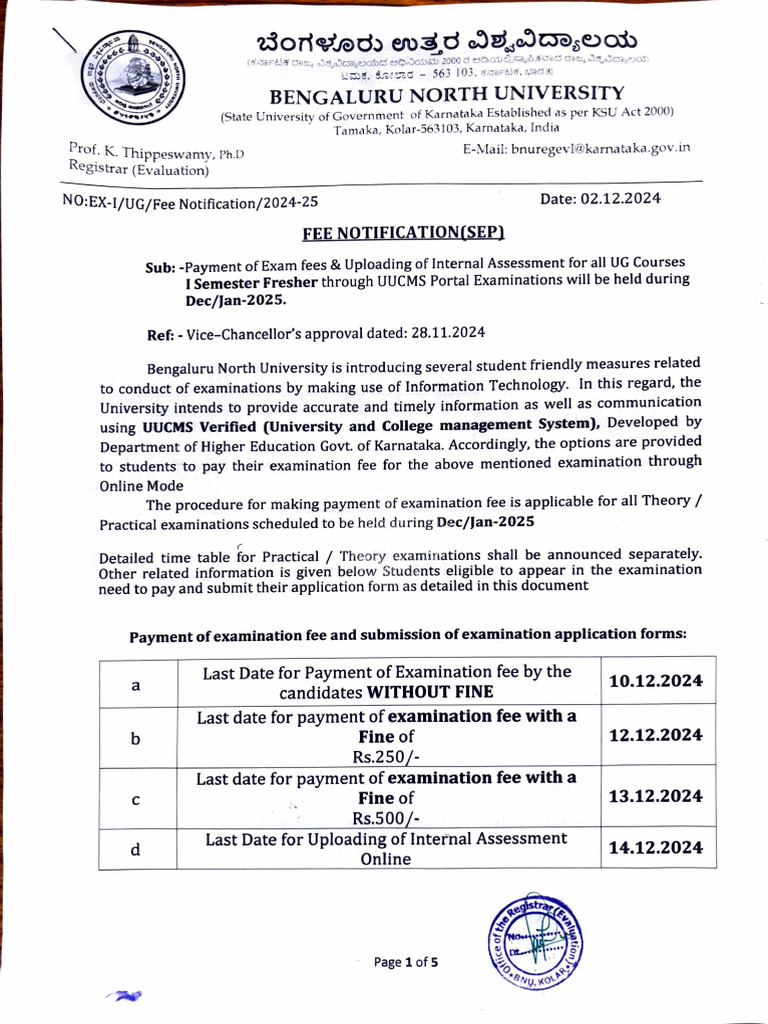 Bengaluru North University Exam Fee Notification | PDF | Thesis