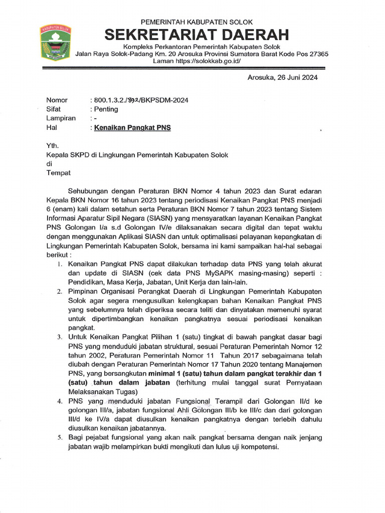 Surat Edaran Kenaikan Pangkat Periode 1 Oktober 2024 | PDF