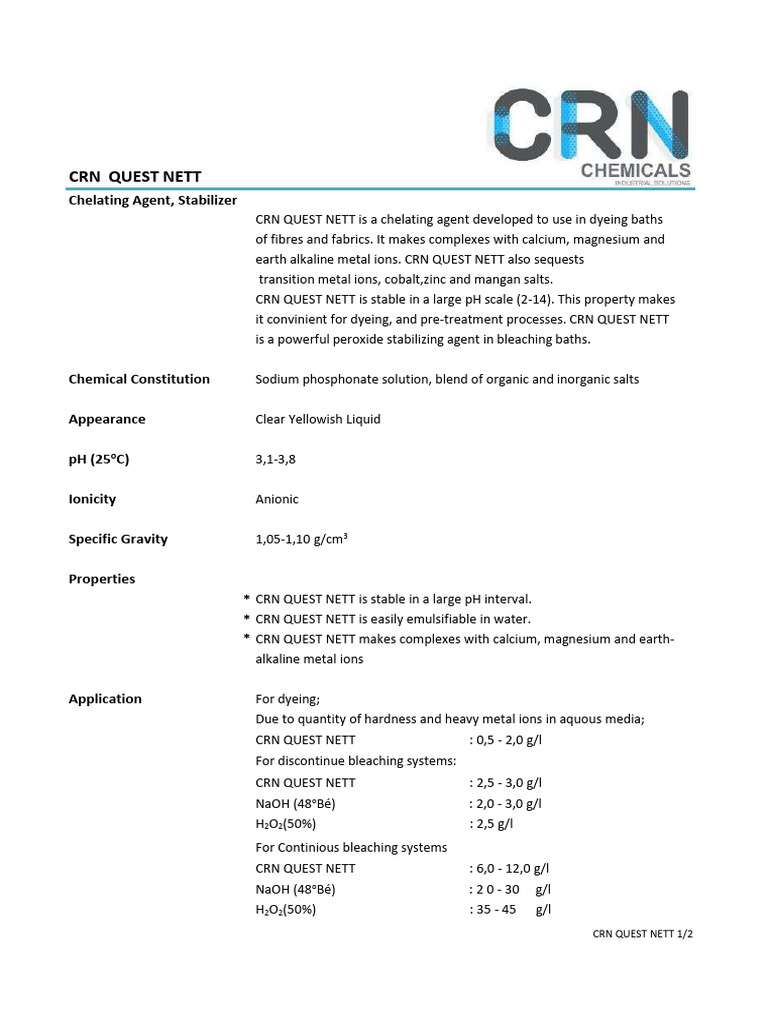 CRN Quest Nett TDS (Peroxide Stabilizer) | PDF | Sodium Hydroxide | Bleach
