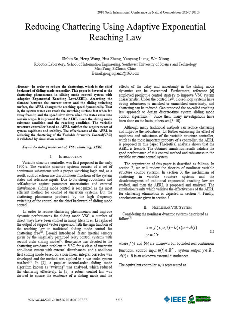 Reducing Chattering Using Adaptive Exponential Reaching Law | PDF | Control Theory | Applied ...