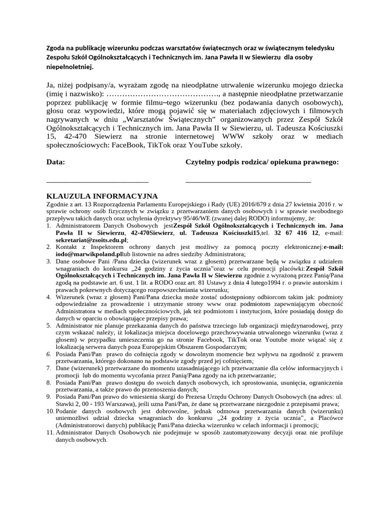 zgoda na publikację wizerunku ucznia | PDF