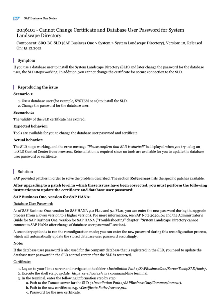 2046101 - Cannot Change Certificate and Database User Password for System | PDF