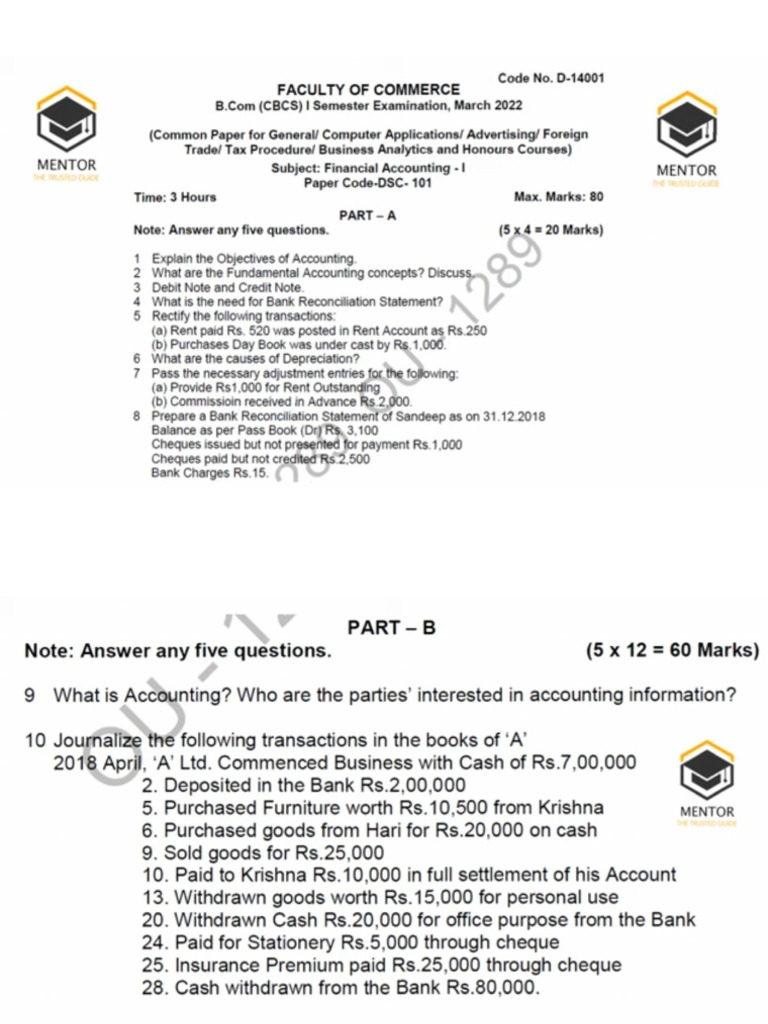 Financial Accounting 2022 Sem 1 Question Paper | PDF
