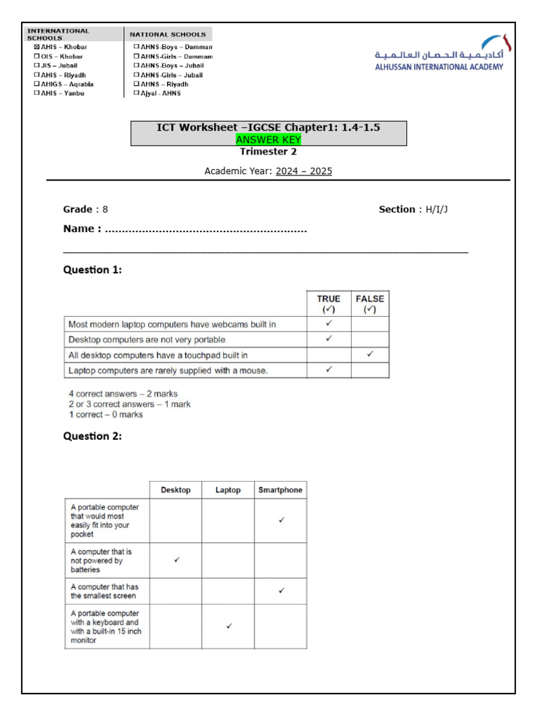 ICT Gr8 1.4&1.5 Worksheet Answerkey | PDF