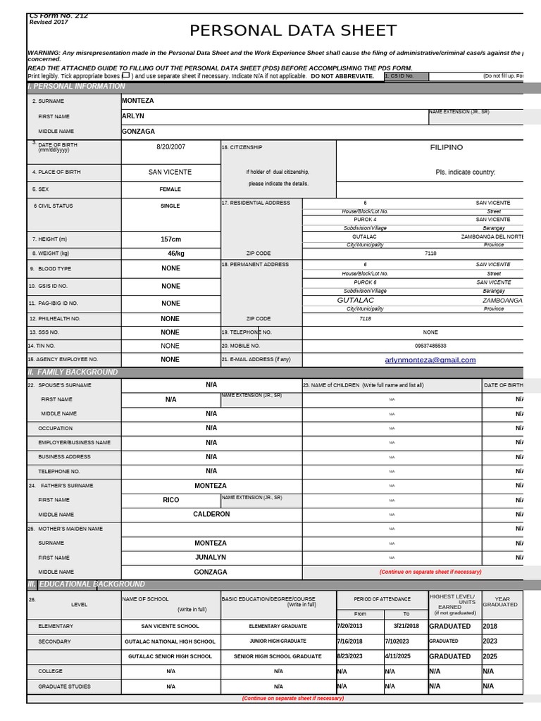 Personal Data Sheet CS Form No. 212 Revised 2017 | PDF | Justice | Crime & Violence