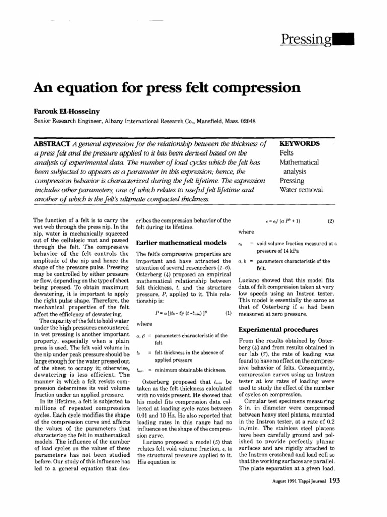 An Equation For Press Felt Compression | PDF | Pressure | Equations