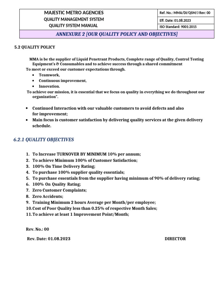 20 Annexure - 2 Quality Policy and Objective | PDF