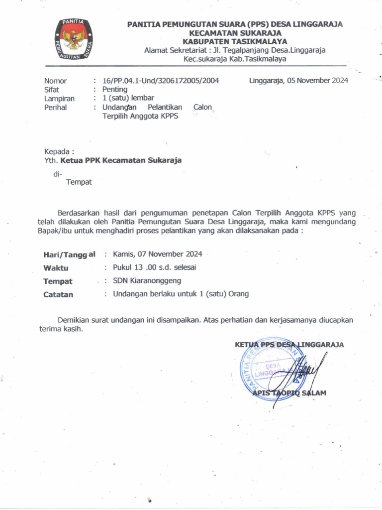 Undangan Pelantikan Kpps (PPK) 20241105 - 20560895 | PDF