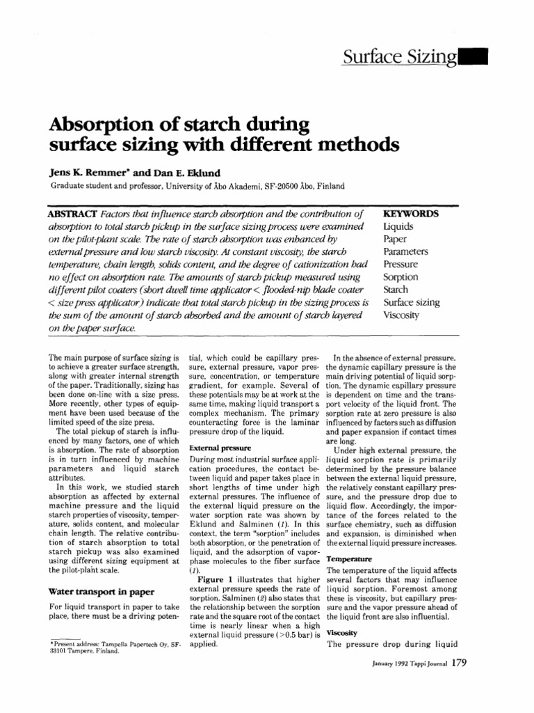 Absorption of Starch during Surface Sizing with Different Methods | PDF | Viscosity | Liquids