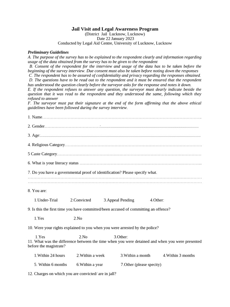 Jail Visit Legal Awareness Survey Guide | PDF | Plea | Justice