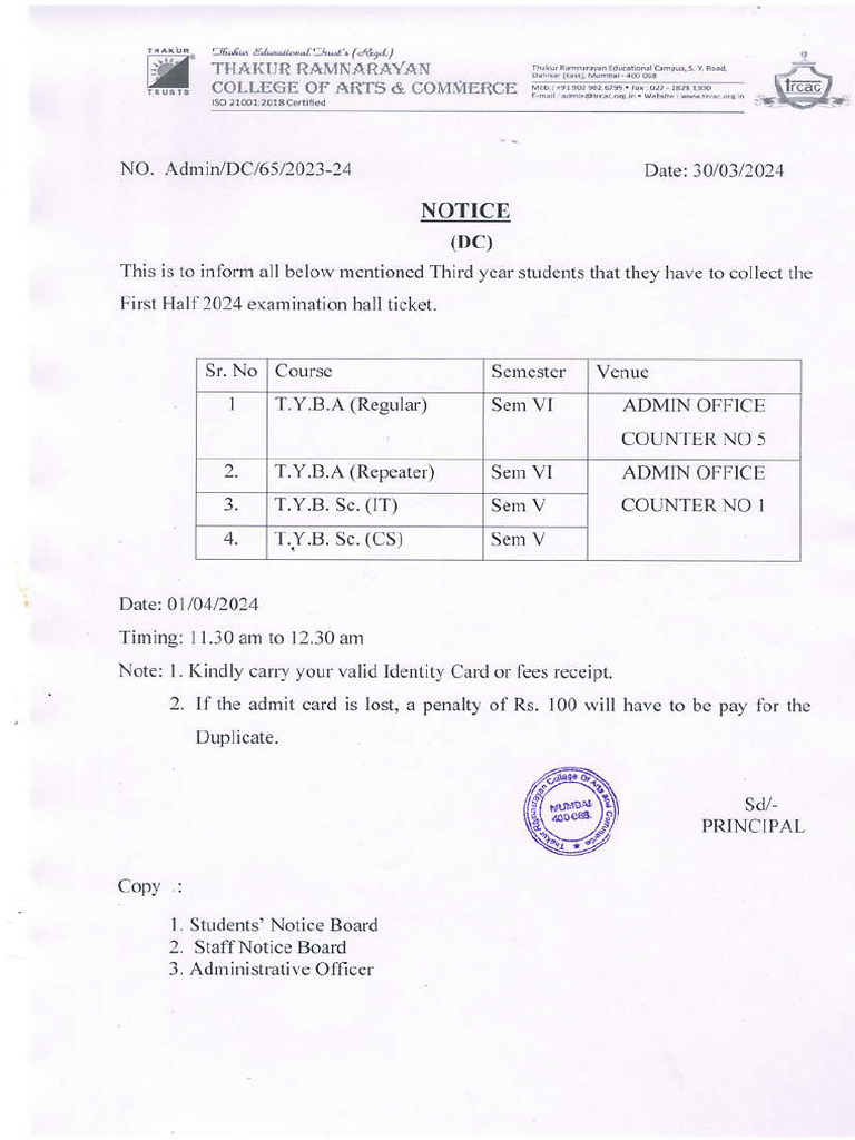 Hall Ticket Notice 3.4.2024 | PDF