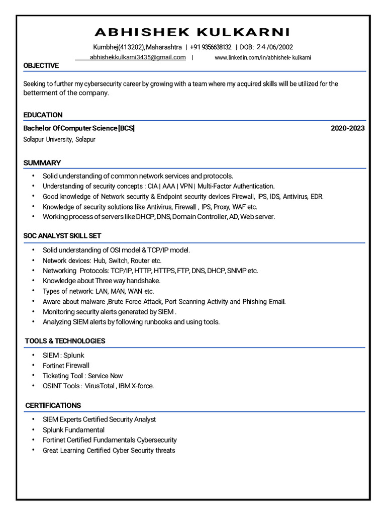 Abhishek Kulkarni Security Analyst Resume | PDF