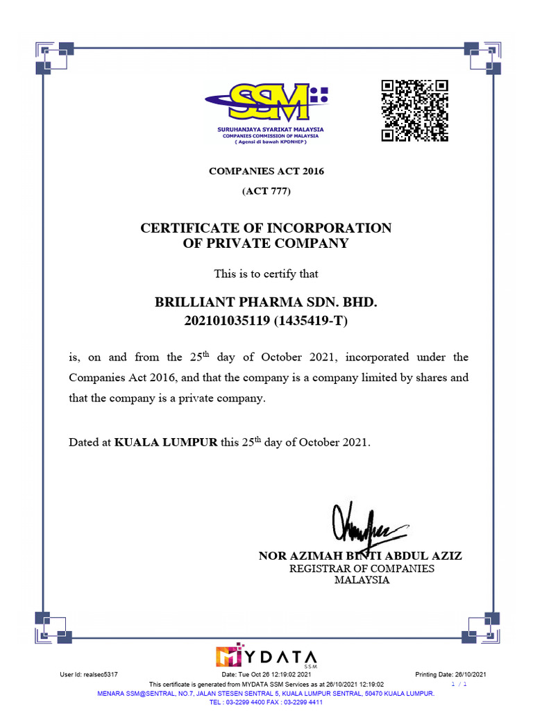 Certificate of Incorporation: Brilliant Pharma | PDF