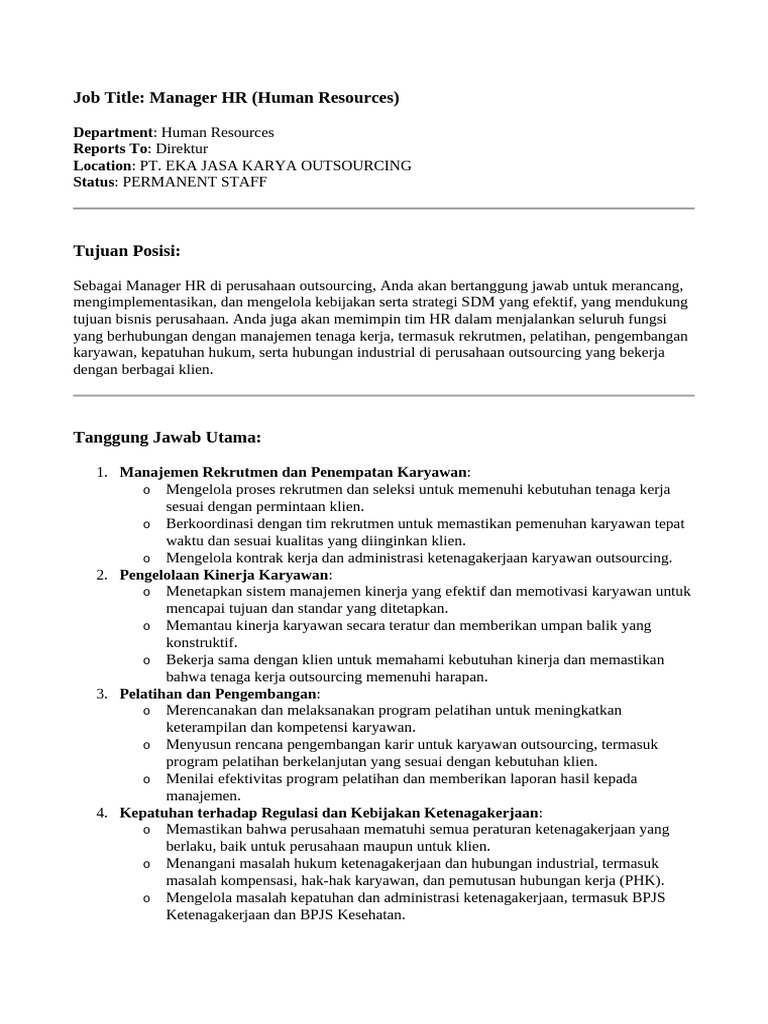 JOB DESCRIPTION MANAGER HR | PDF