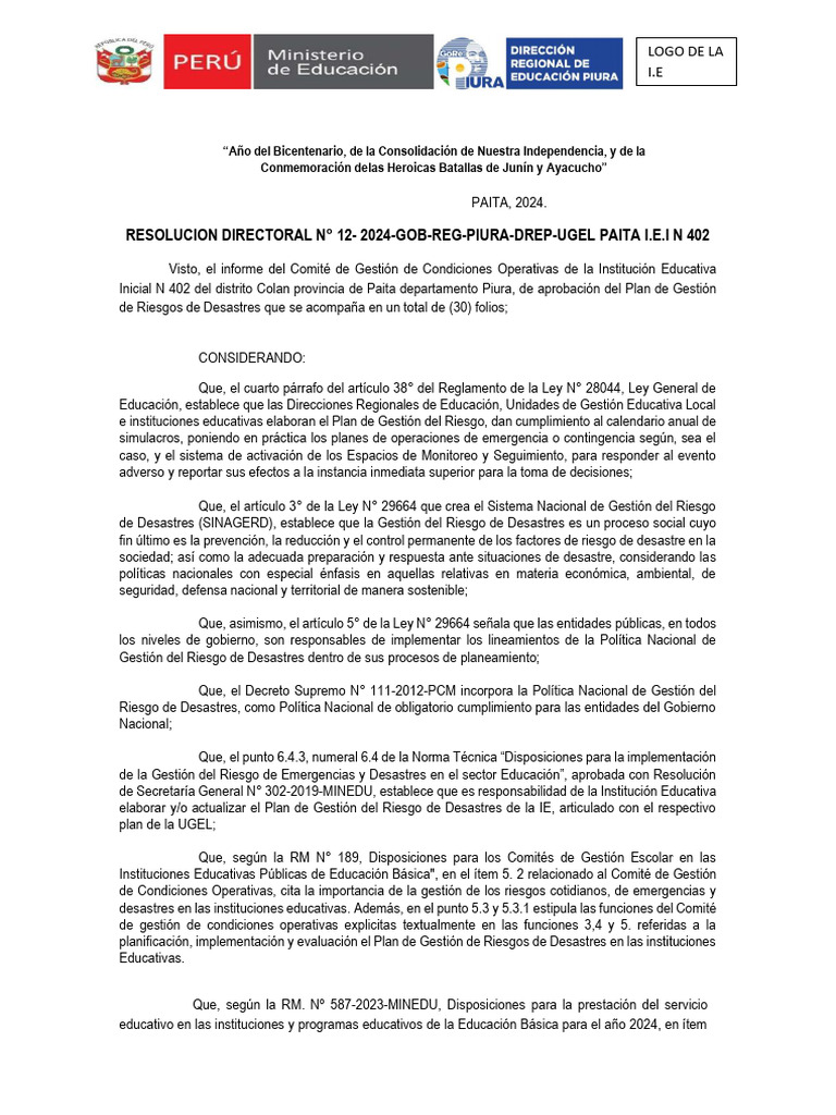 Rd. Plan de GRD 2024 - Iei 402 - PNC | PDF