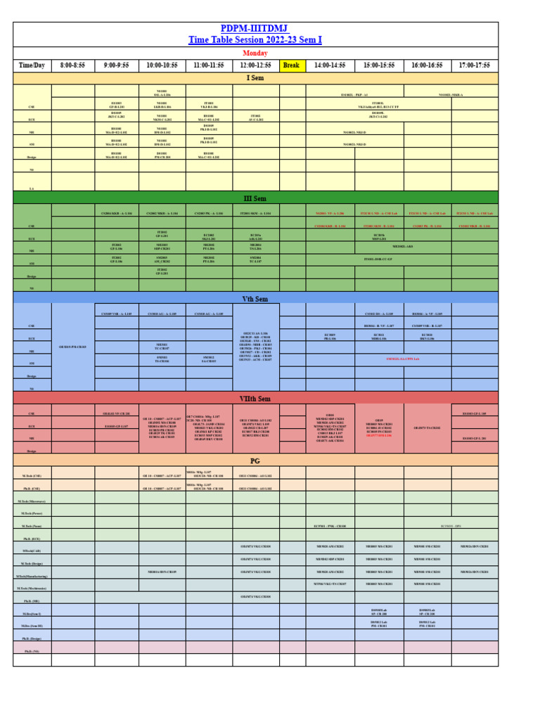 PDPM-IIITDMJ 2022-23 Semester I Timetable | PDF