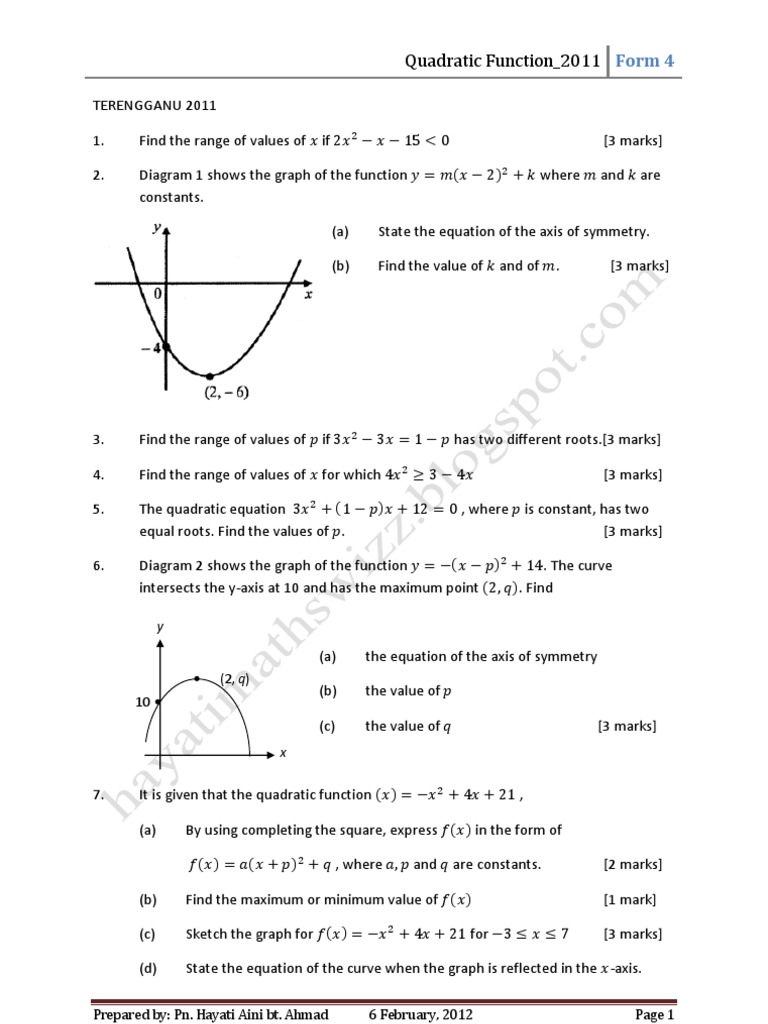 Quadratic Function - 2011: Form 4 | PDF | Quadratic Equation ...