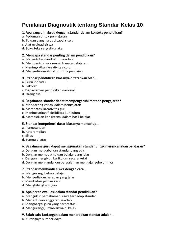 10th Grade Diagnostic Assessment Standards | PDF