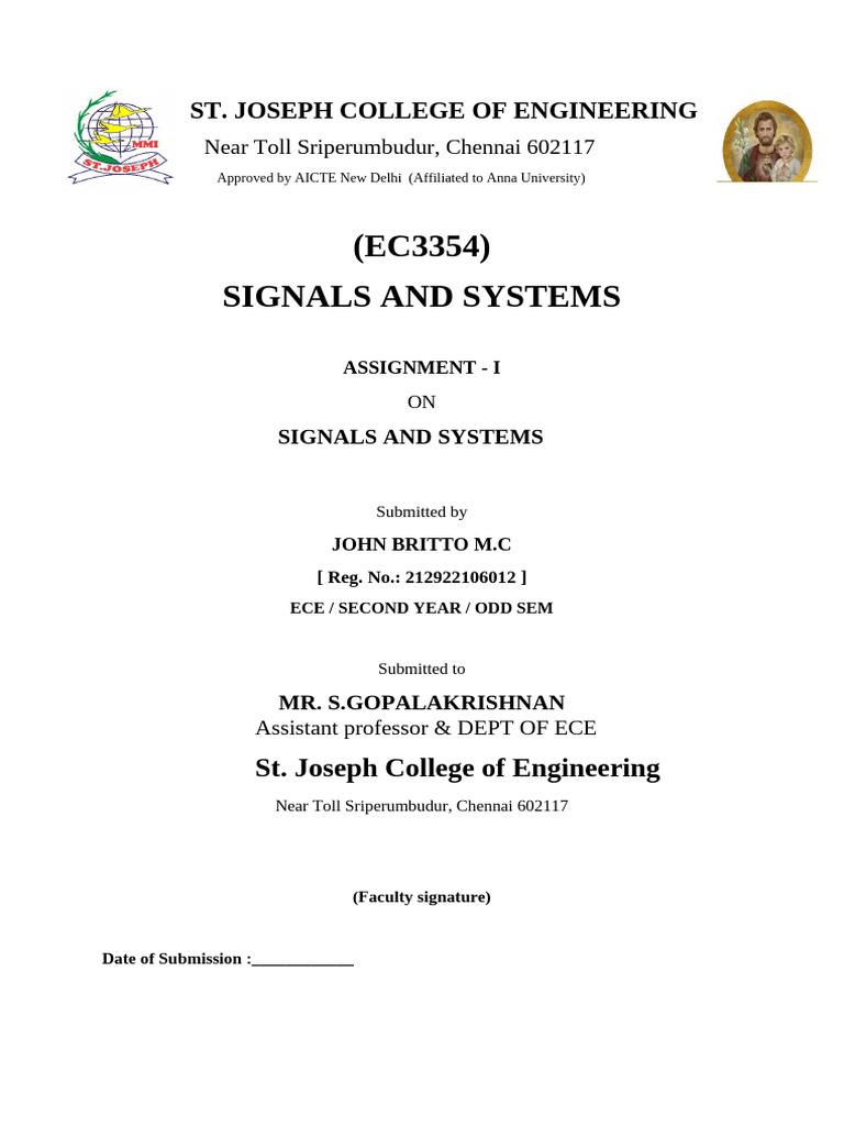 (EC3354) Signals and Systems: St. Joseph College of Engineering | PDF