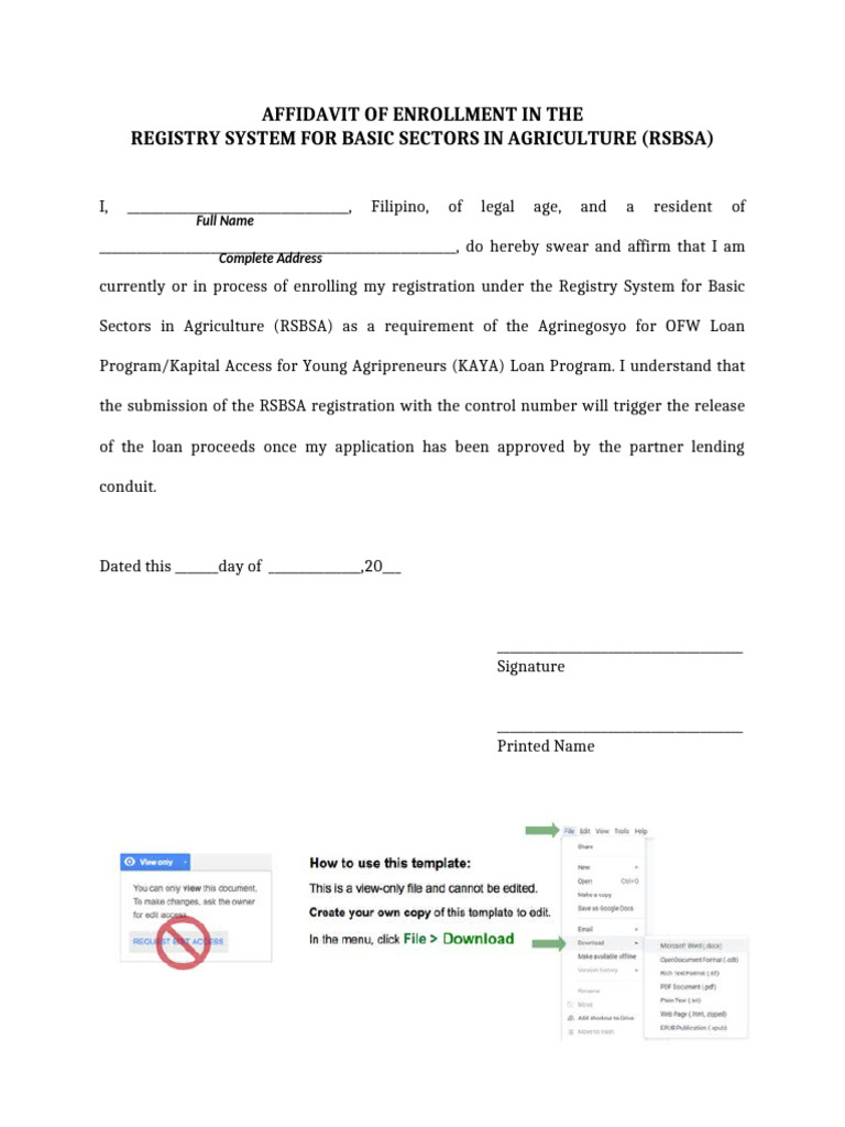 Affidavit of Enrollment in RSBSA (For Applicants Who Are Currently ...