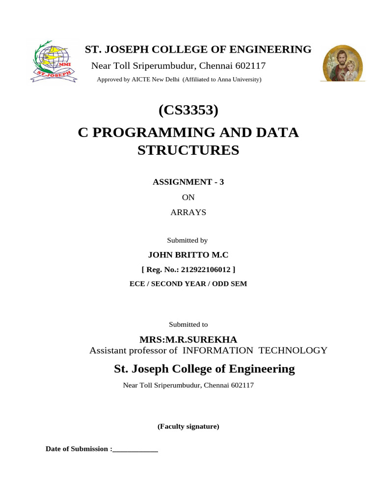 (CS3353) C Programming and Data Structures: St. Joseph College of Engineering | PDF