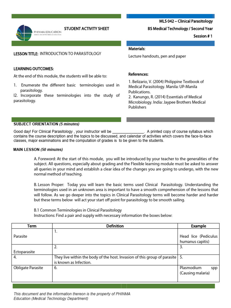 MLS 042 Parasitology SAS Module 1 | PDF | Parasitism | Infection