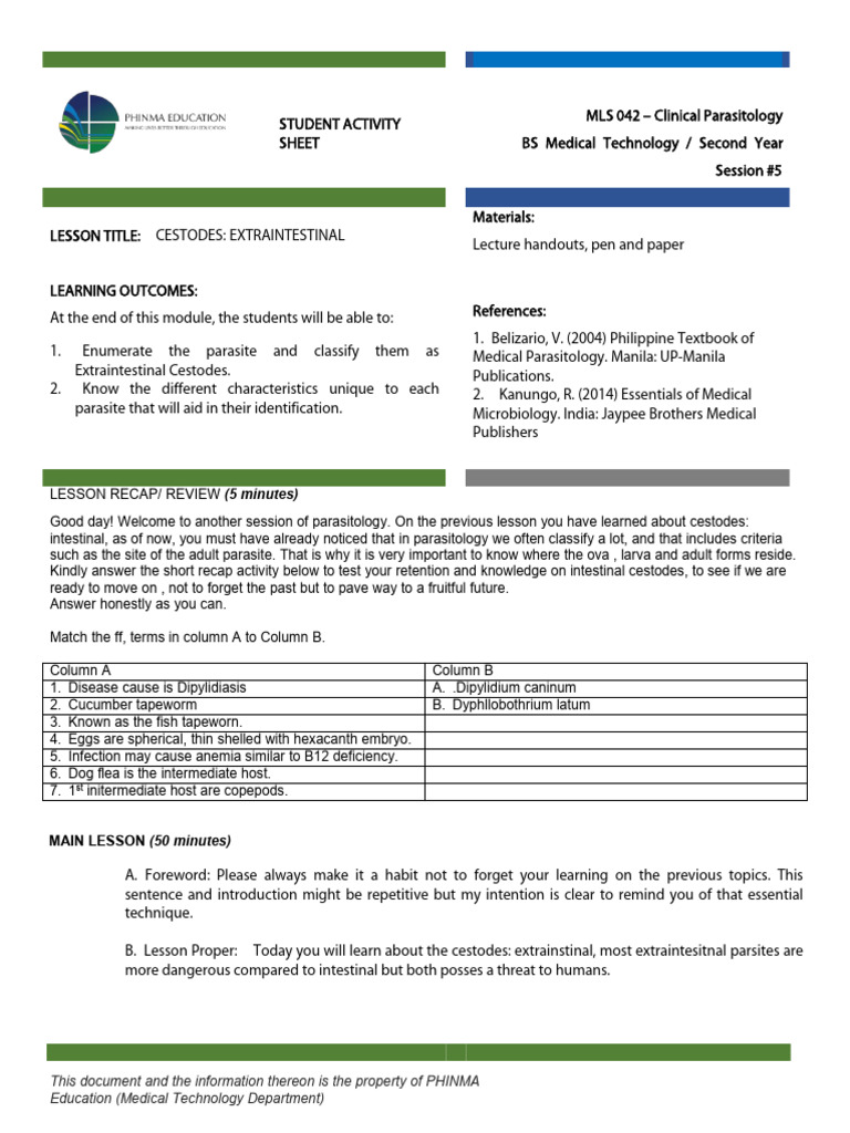 MLS 042 Parasitology SAS Module 5 | PDF | Parasitology | Medical Specialties