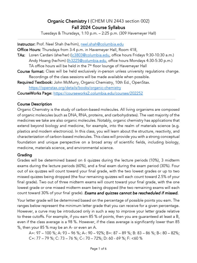 CHEM UN 2443 002 Syllabus - 2024 Fall | PDF | Organic Chemistry | Chemistry