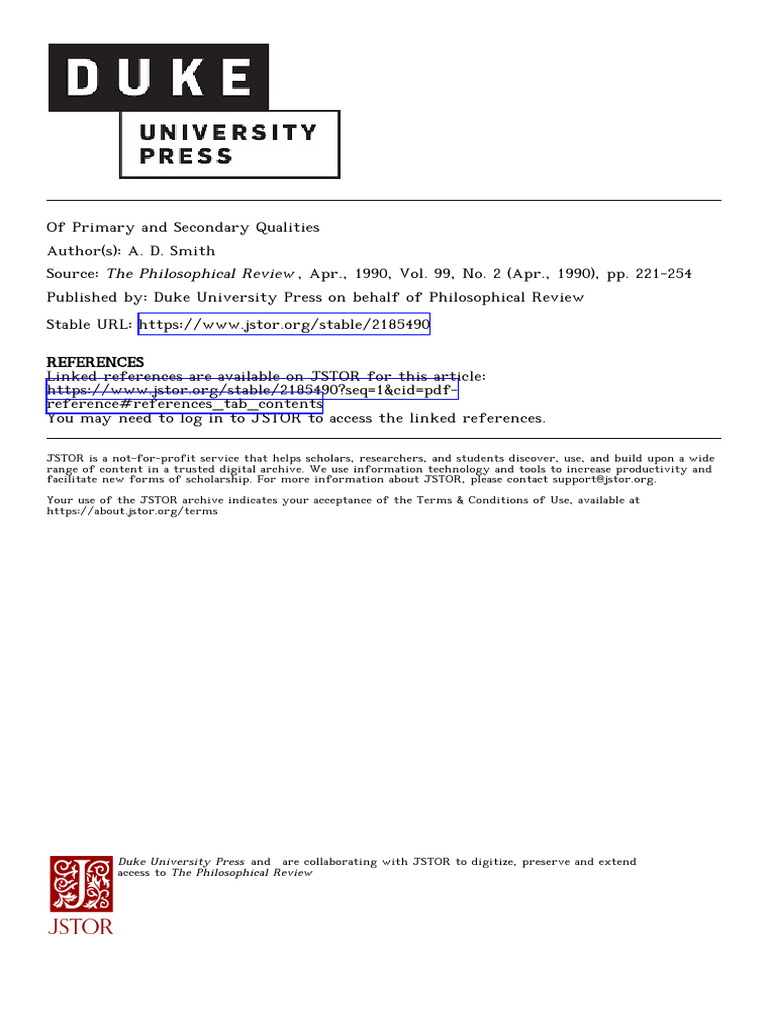Smith - 1990 - of Primary and Secondary Qualities | PDF | Idea | Concept
