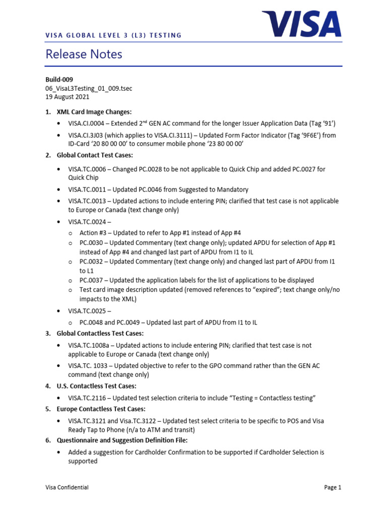Visa L3 Testing Release Notes Update | PDF | Visa Inc. | Personal ...