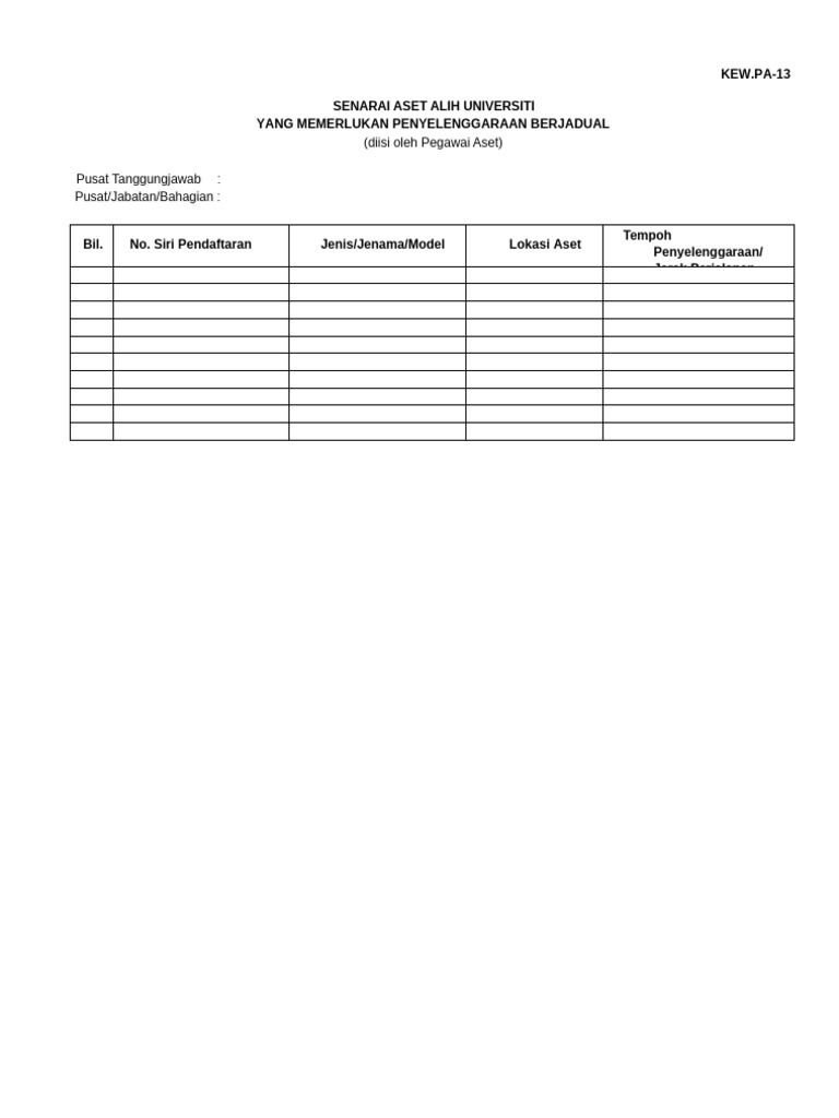 Kew - Pa-13-Senarai Aset Alih Universiti Yang Memerlukan Penyelenggaraan | PDF