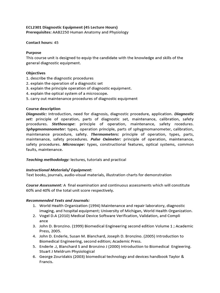 ECL2301 Diagnostic Equipment Course Outline | PDF | Medical Device ...