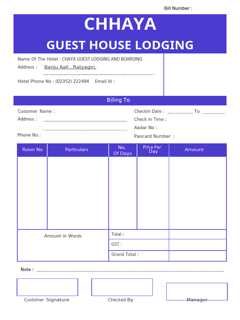 Hotel Bill Format in Word | PDF