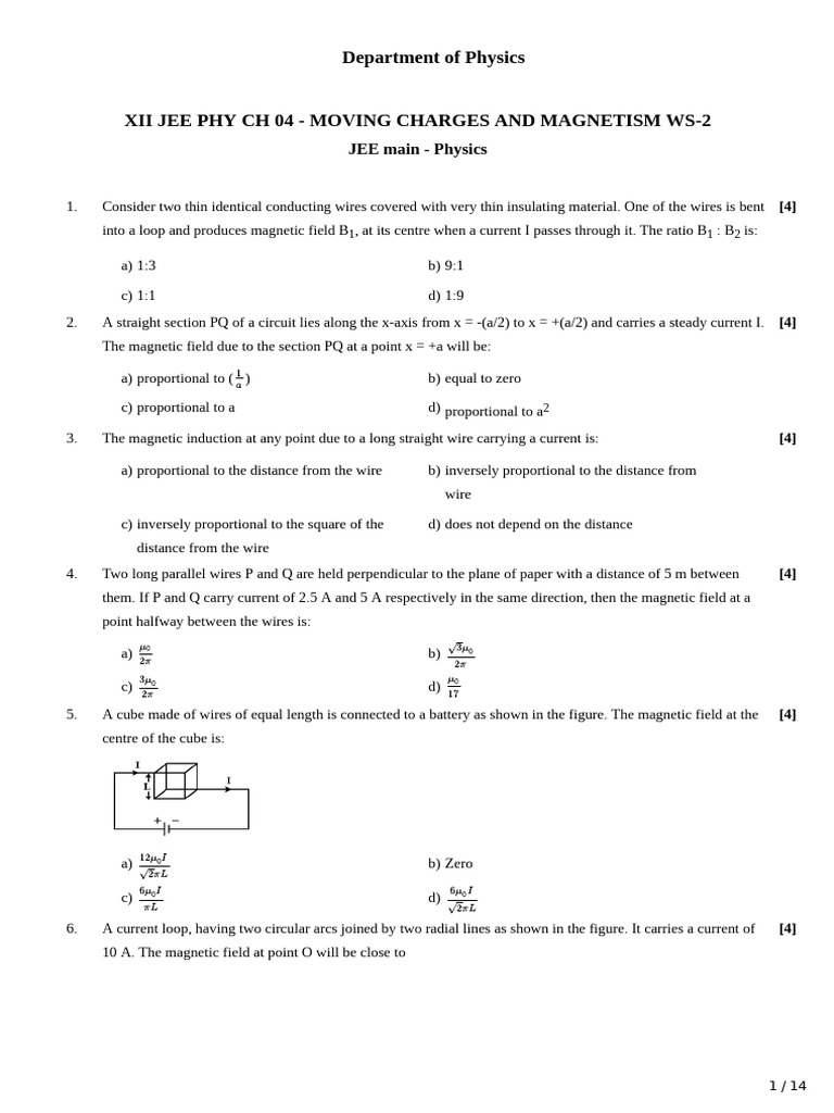 XII JEE Phy CH 04 Moving Charges and Magnetism WS 2 Magenetism Due | PDF | Magnetic Field ...
