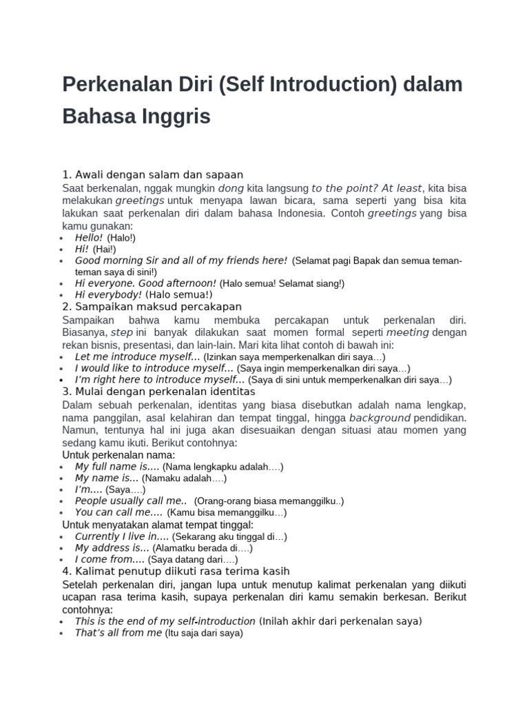 Contoh Perkenalan Diri dalam Bahasa Inggris | PDF