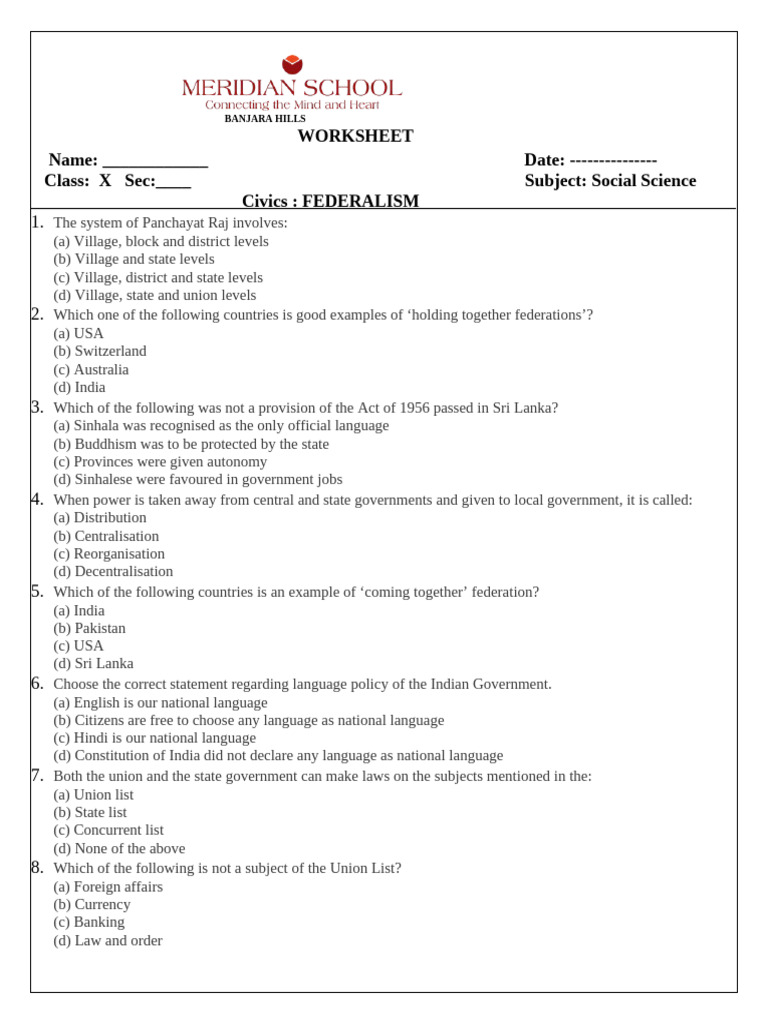 FEDERALISM WORKSHEET | PDF | Government | Governance