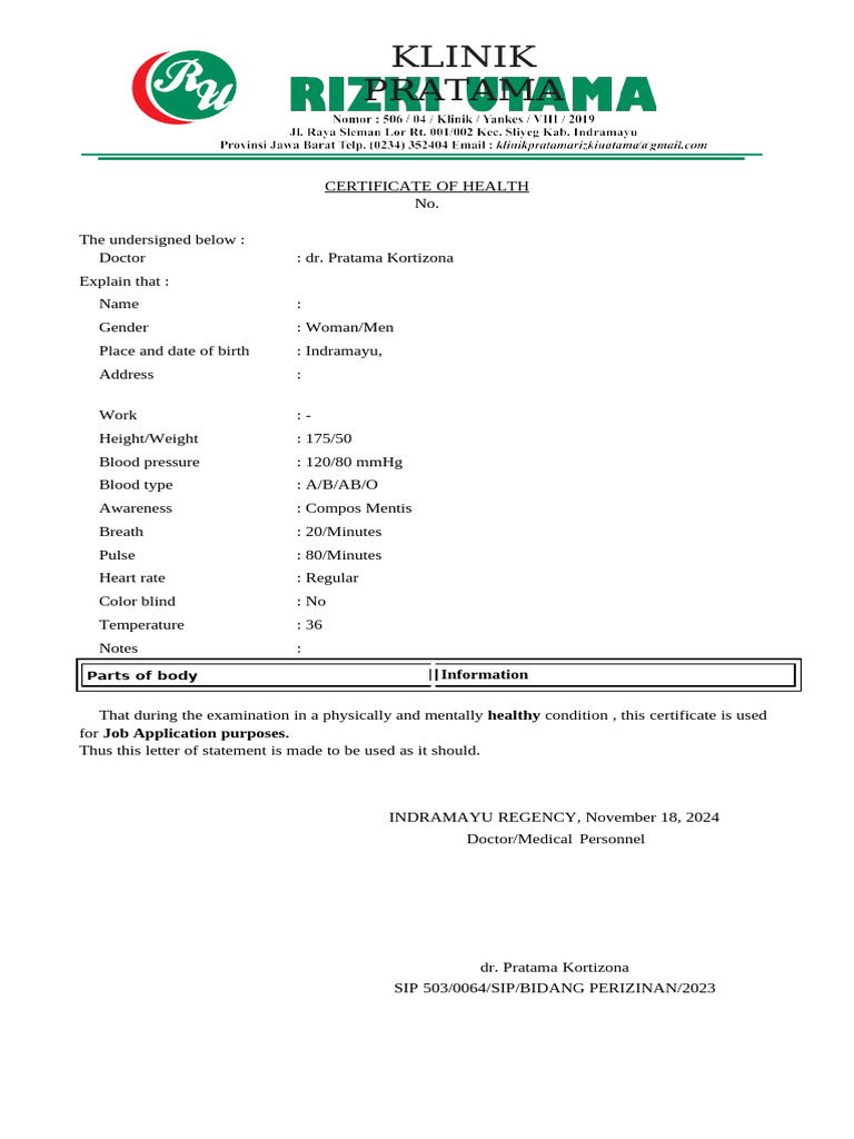Health Certificate for Job Application | PDF