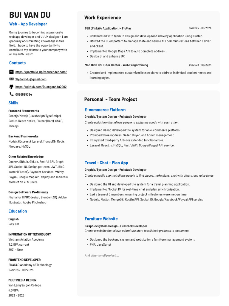 CV - Web - App Developer - Bui Van Du | PDF | Computing | Computer ...