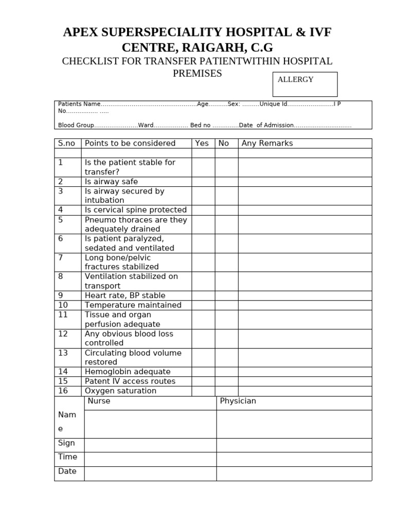 Checklist To Transfer Patient For Inter Hospital Transfer | PDF