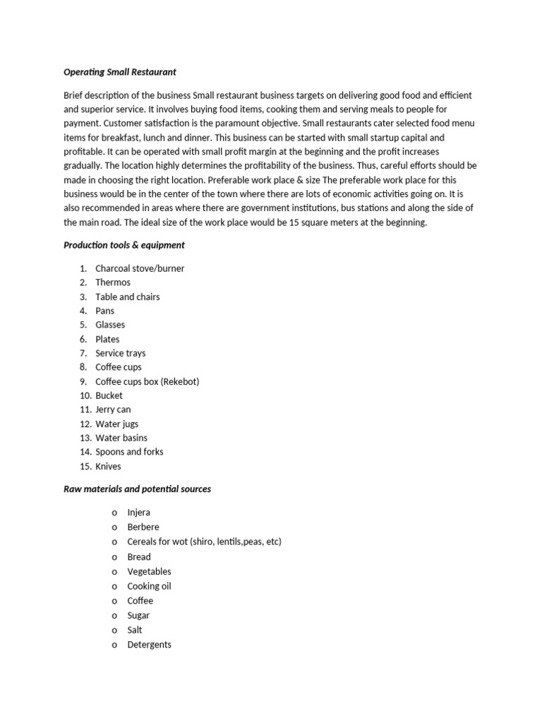 Operating Small Restaurant Proposal | PDF | Restaurants | Meal