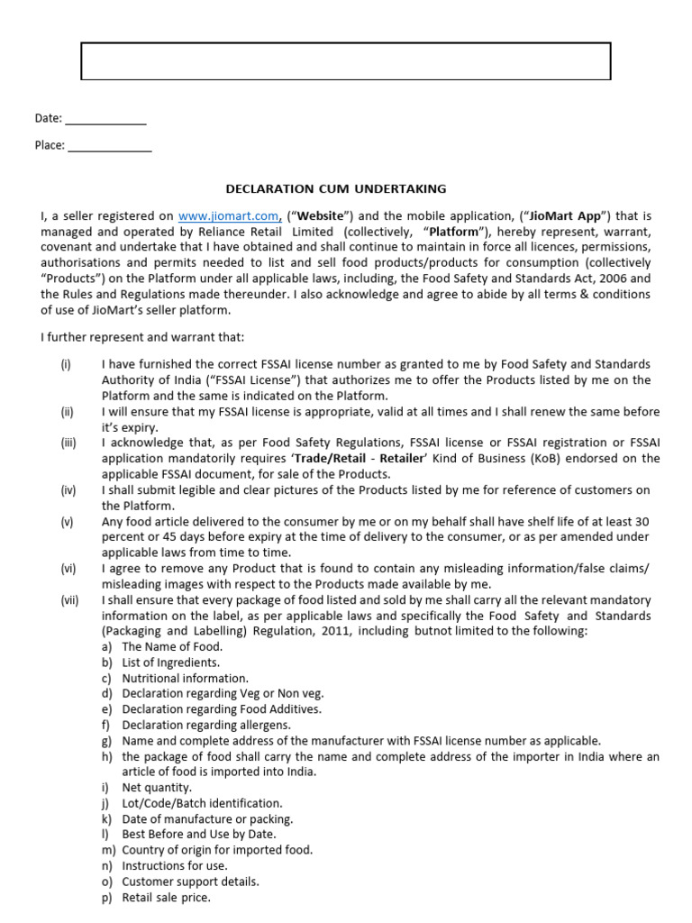 Selfdeclaration Fssaiupdated - pdf.0f36965078 | PDF