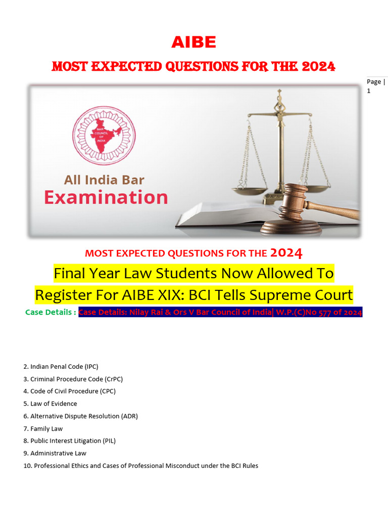 Aibe 2024 Expected Questions For The Aibe 2024 by RBN | PDF ...