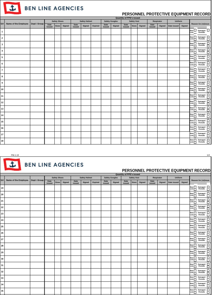 FM 1.13 - PPE Issue Record | PDF | Personal Protective Equipment ...