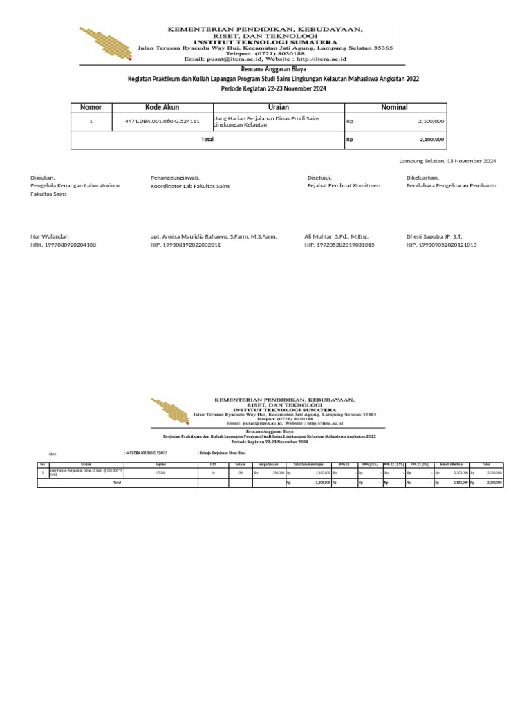 RAB Praktikum Dan Kuliah Lapangan Prodi SLL 22-23 Nov 2024 | PDF
