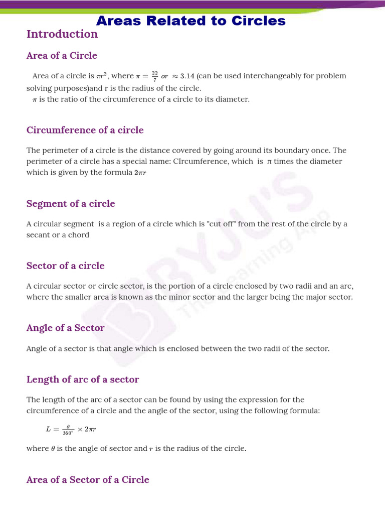 Area Formulas for Circles Class 10 | PDF | Area | Circle