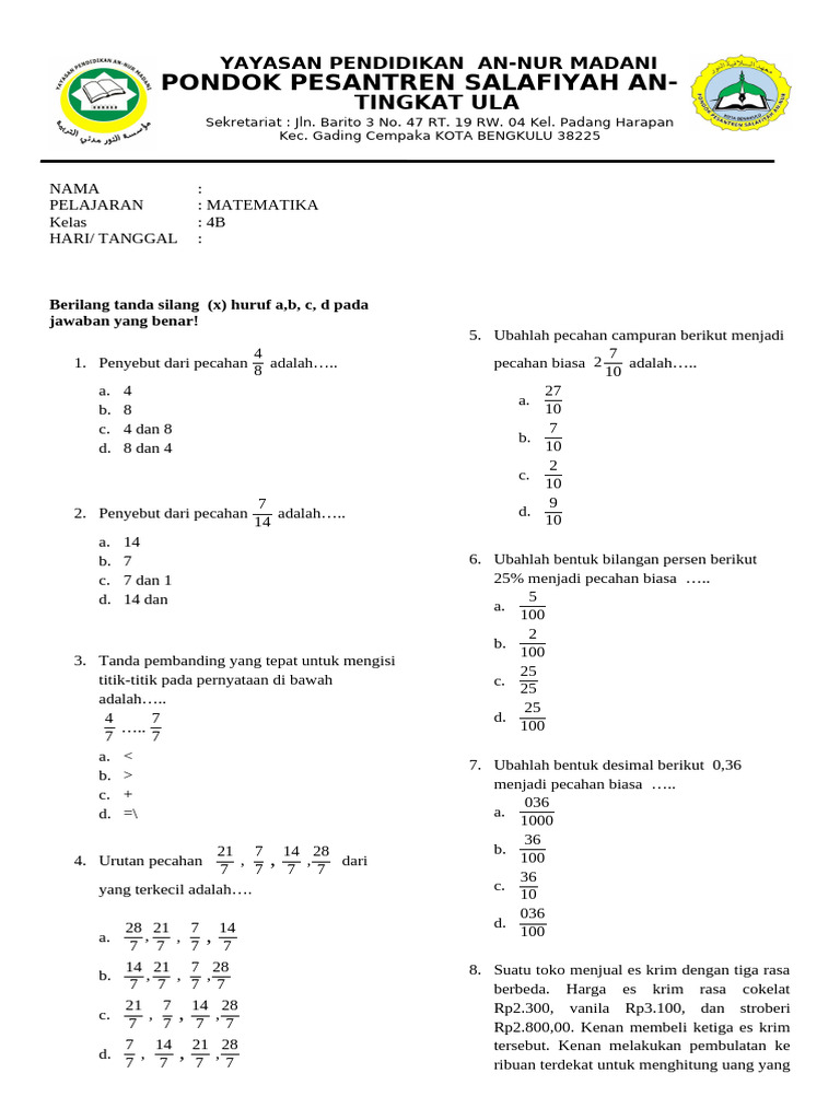 PTS MTK KELAS 4B | PDF