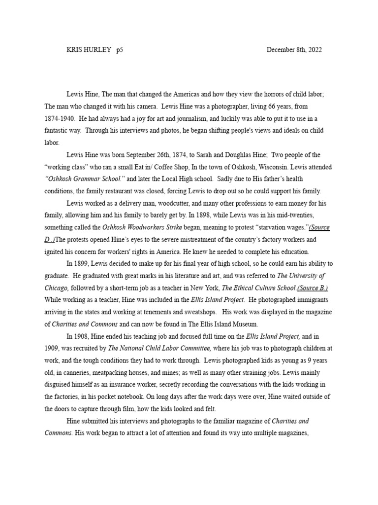 Kris Hurley - Second Draft (Lewis Hine Report) ? | PDF | Labor | Labor ...